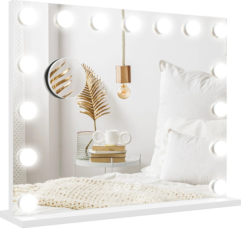 HOMCOM Hollywoodské zrcadlo s osvětlením 58x48cm 15 LED 3 světelné režimy 10x zvětšení přenosný dotykový spínač USB nabíjecí port bílý |