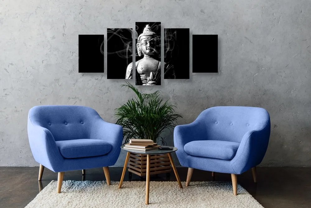 5-dílný obraz socha Buddhy v černobílém provedení - 200x100 cm