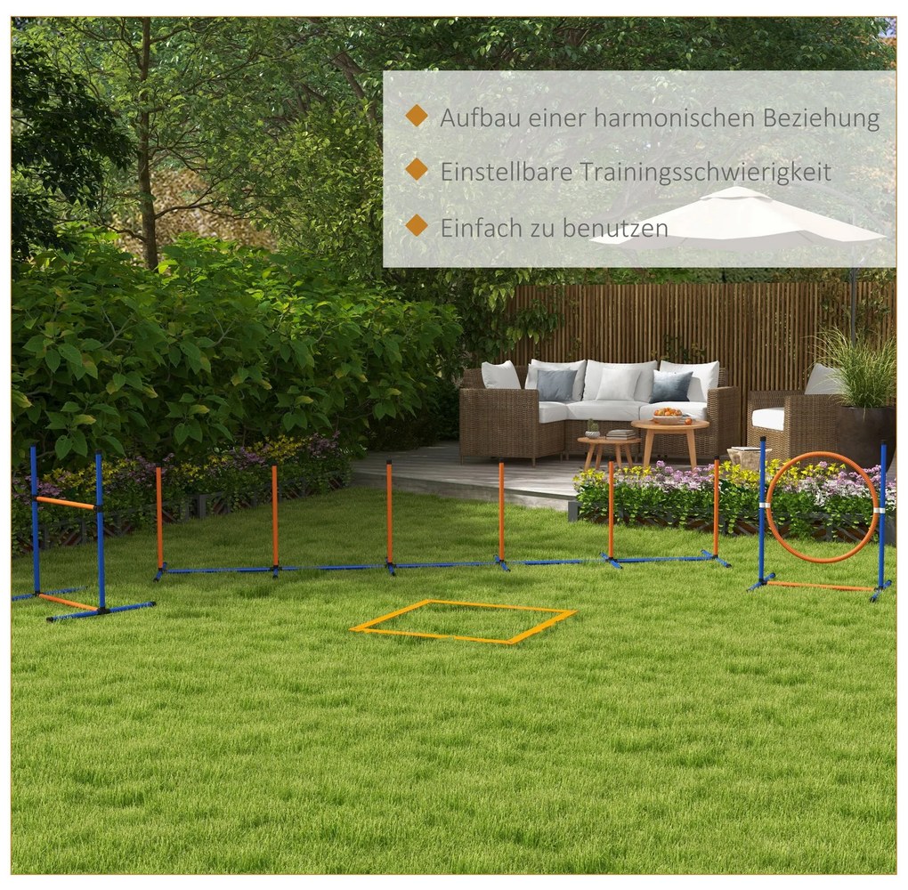 PawHut agility set pro psy se 4 výškově nastavitelnými agility překážkami, tyčemi, break boxem a skákacím kruhem pro efektivní výcvik psů