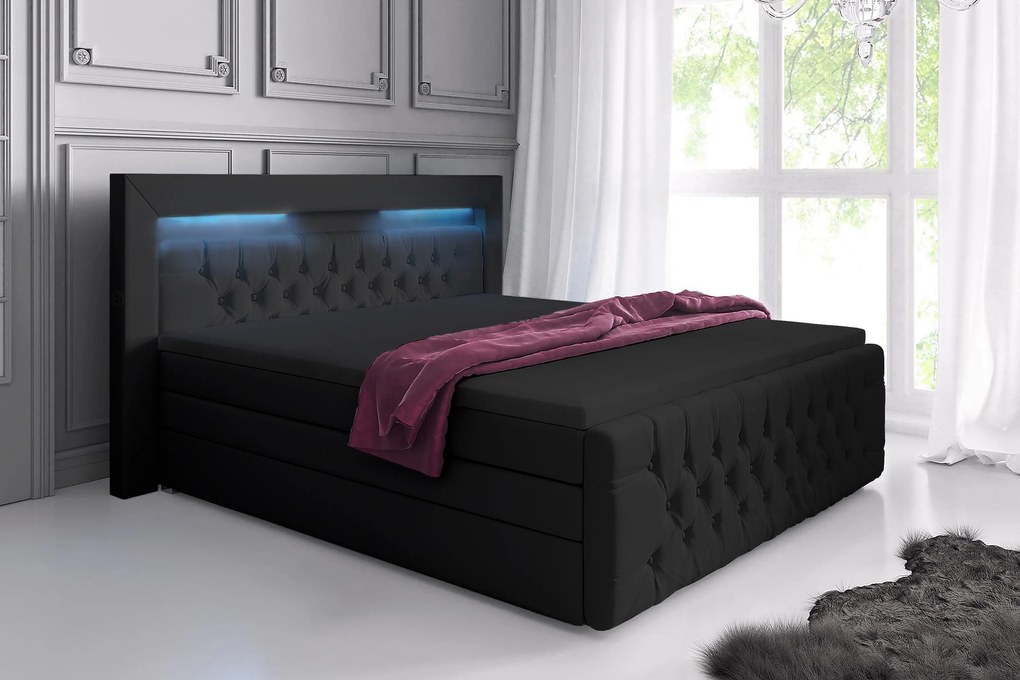 K&M postele Boxspring postel SONNO s úložným prostorem, LED a USB Velikost postele: 200 × 200 cm, Výběr matrace: Oboustranná pružinová matrace - stře…