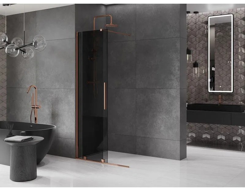 Mexen Velar, sprchová zástěna s posuvnými dveřmi Walk-in 85 x 200 cm, 8mm šedé sklo, růžové zlato, 871-085-000-43-60