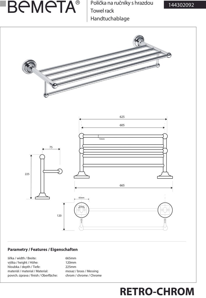 Bemeta Design RETRO chrom: Držák ručníků, 605 mm, s hrazdou - 144302092