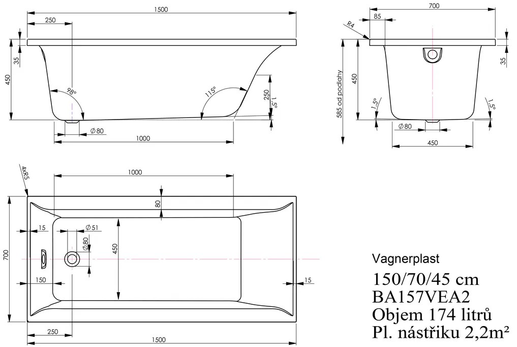 Vagnerplast LINOS 150 x 70 cm vana akrylátová vč. noh a sifonu