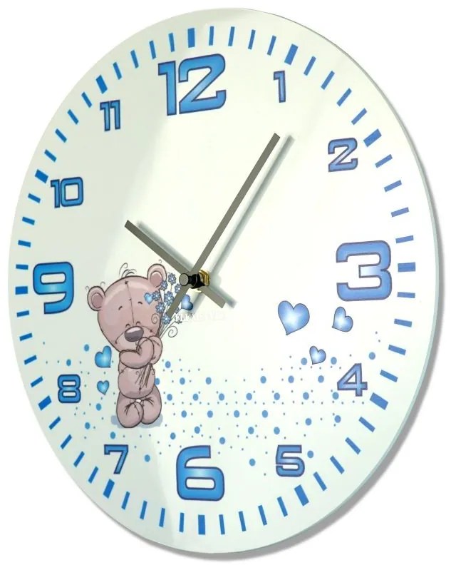 Dětské hodiny na stěnu v bílé barvě s modrým ciferníkem a medvídkem