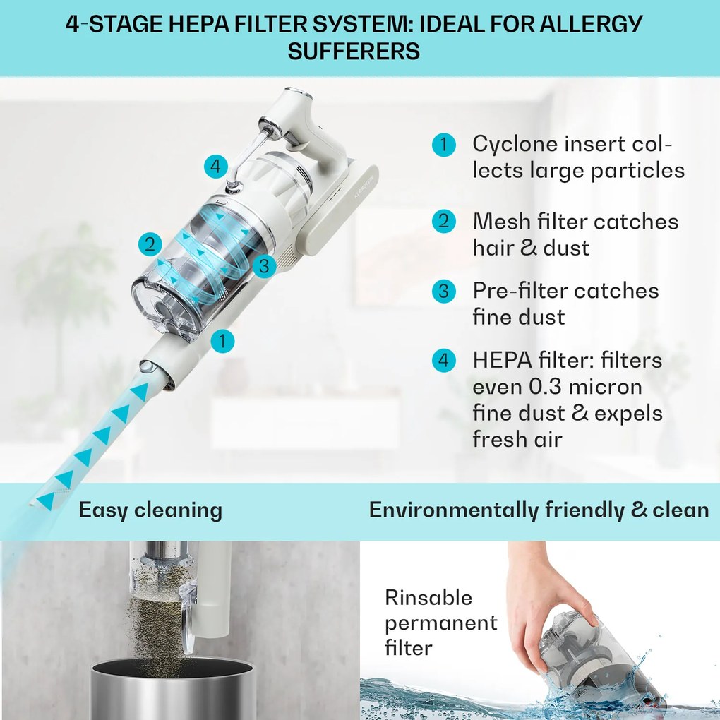 Klarstein LARMA, vysavač, akumulátorový, bezsáčkový, maximální doba provozu 45 min, LED dioda