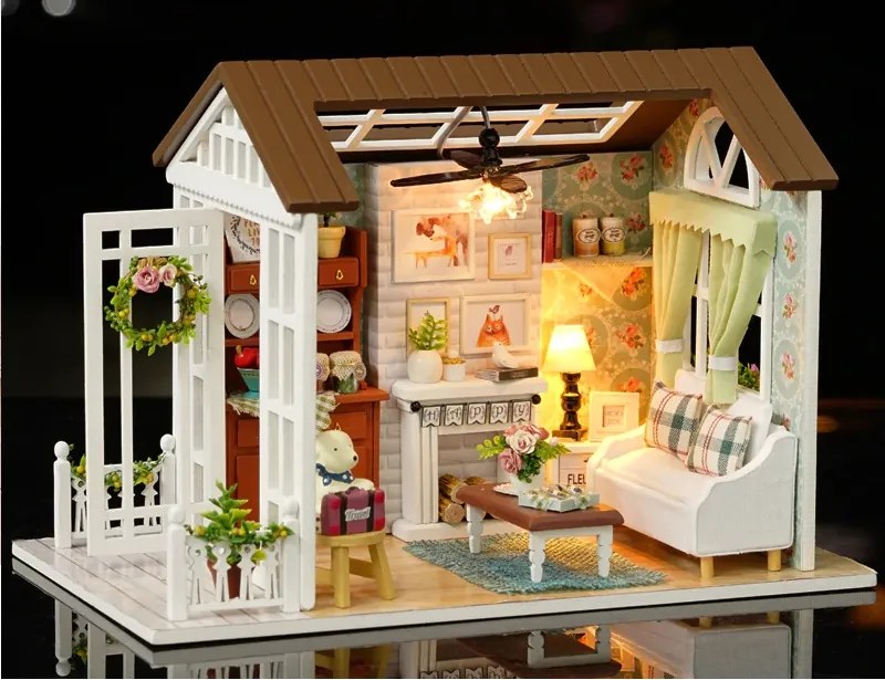Creative Corner Dřevěný model obývacího pokoje pro panenky k sestavení LED 8008-A