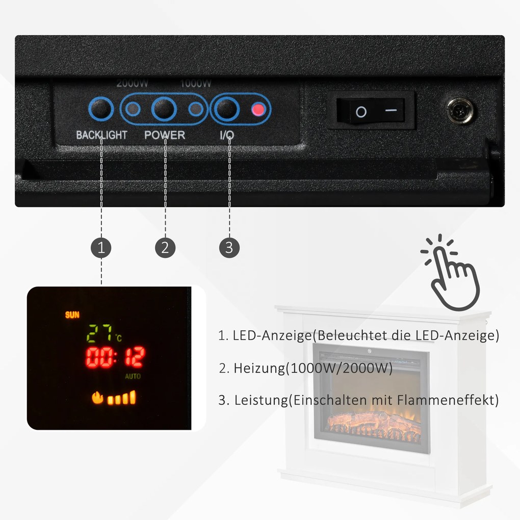 HOMCOM Elektrický krb, 3D LED plameny, dálkové ovládání, časovač, MDF, bílý