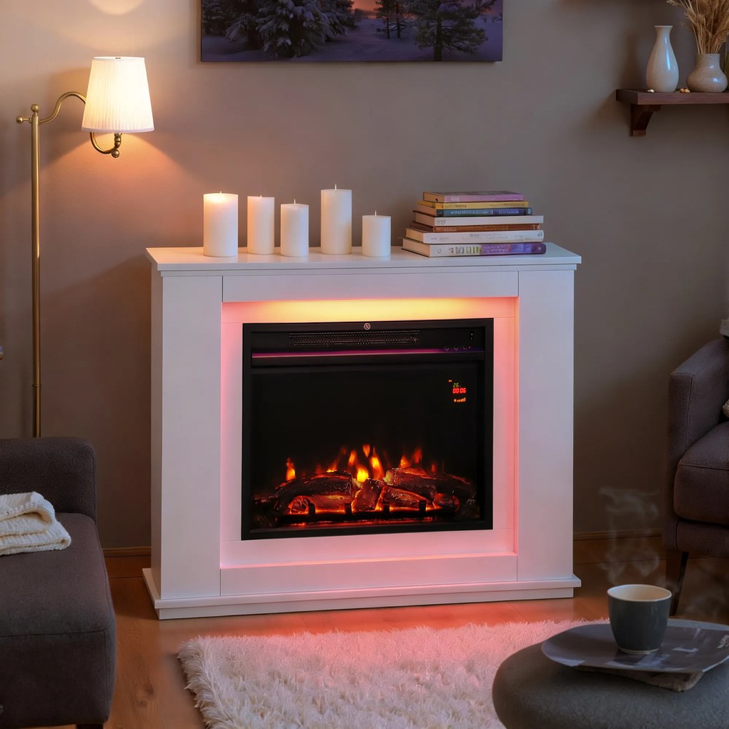 HOMCOM Elektrický krb, realistické plameny se 12 barvami, 5 stupňů jasnosti, dálkové ovládání, časovač, černá