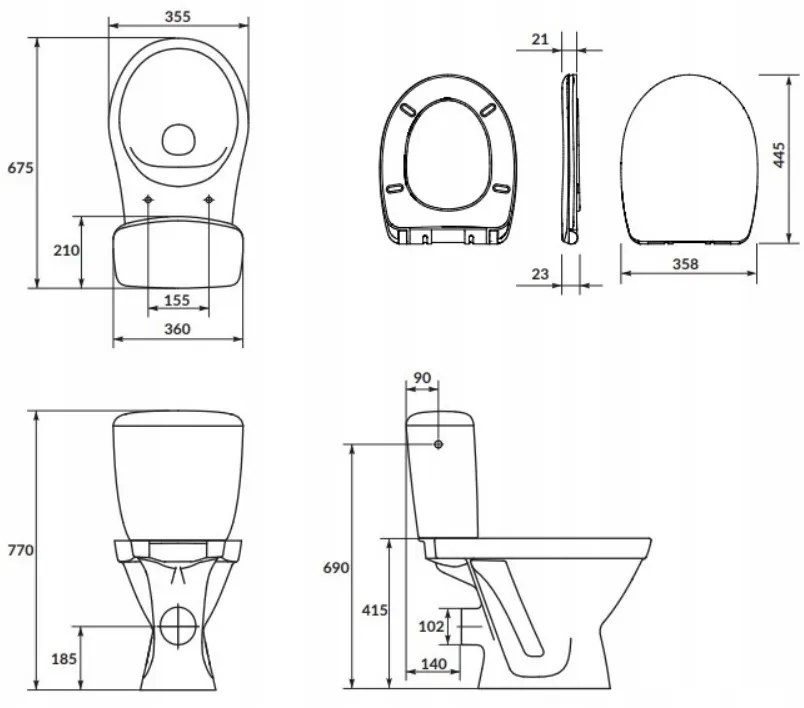 Cersanit Cersania SimpleOn 010 - WC kombi 3/6l + sedátko s pomalým zavíráním z duroplastu, horizontální odpad, bílá, K11-2337