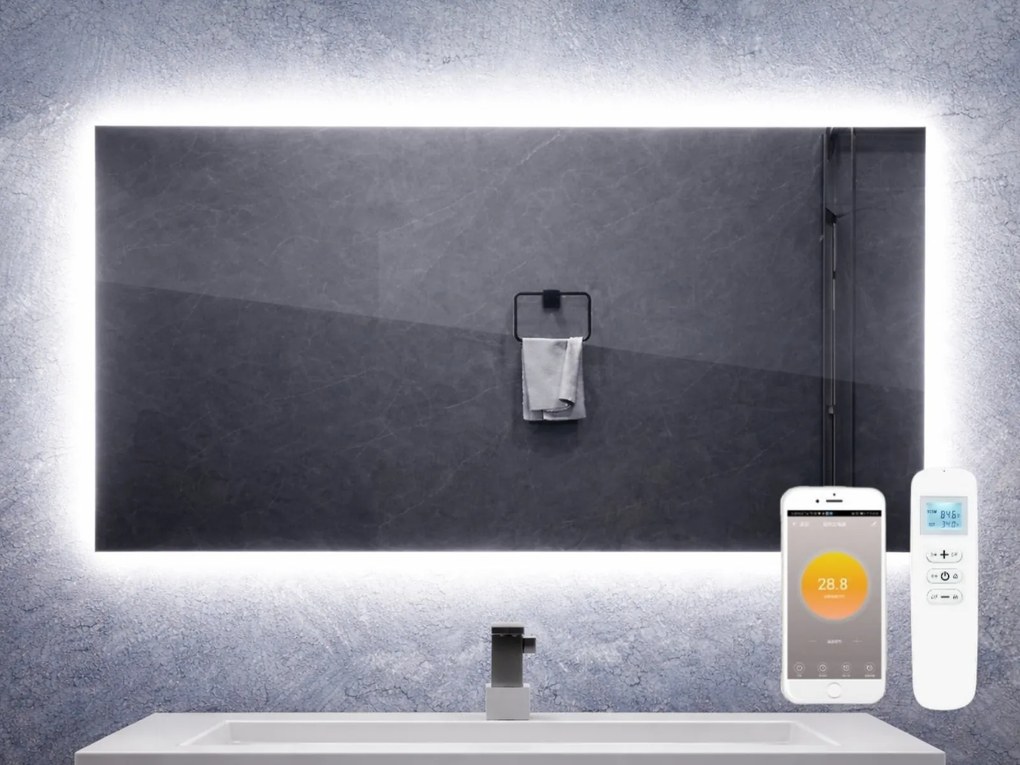 Zrcadlový infrapanel s LED osvětlením MIRROR 700W | Výhřevnost 12,5 m2 | 120x60 cm | WiFi termostat | Dálkový ovladač | Zrcadlo na šířku