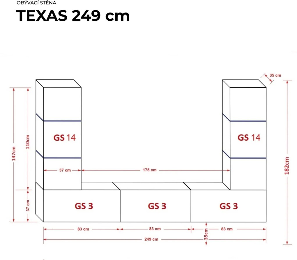 Ral Obývací stěna TEXAS 1, 249 cm - Bílý lesk