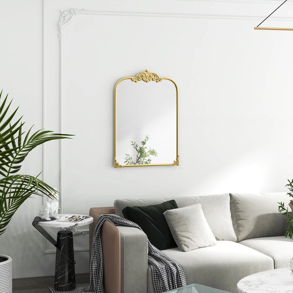 Nástěnné zrcadlo HOMCOM 60 x 87 cm koupelnové zrcadlo v barokním stylu s ozdobným kovovým rámem do obývacího pokoje a ložnice ve zlaté barvě | Aosom.…