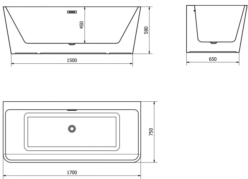 Mexen Volta, volně stojící vana ke stěně 170 x 75 cm, bílá, černý matný přepad, 51131707500-70