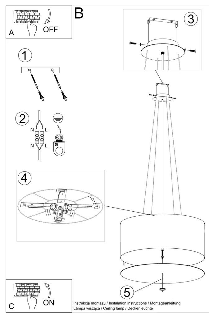 Závěsné svítidlo Otto, 1x černé textilní stínítko, (bílé sklo), (fi 60 cm)