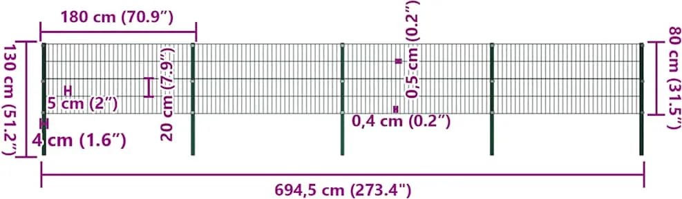 Plotový panel se sloupky železný 694,5 x 80 cm zelený 278607