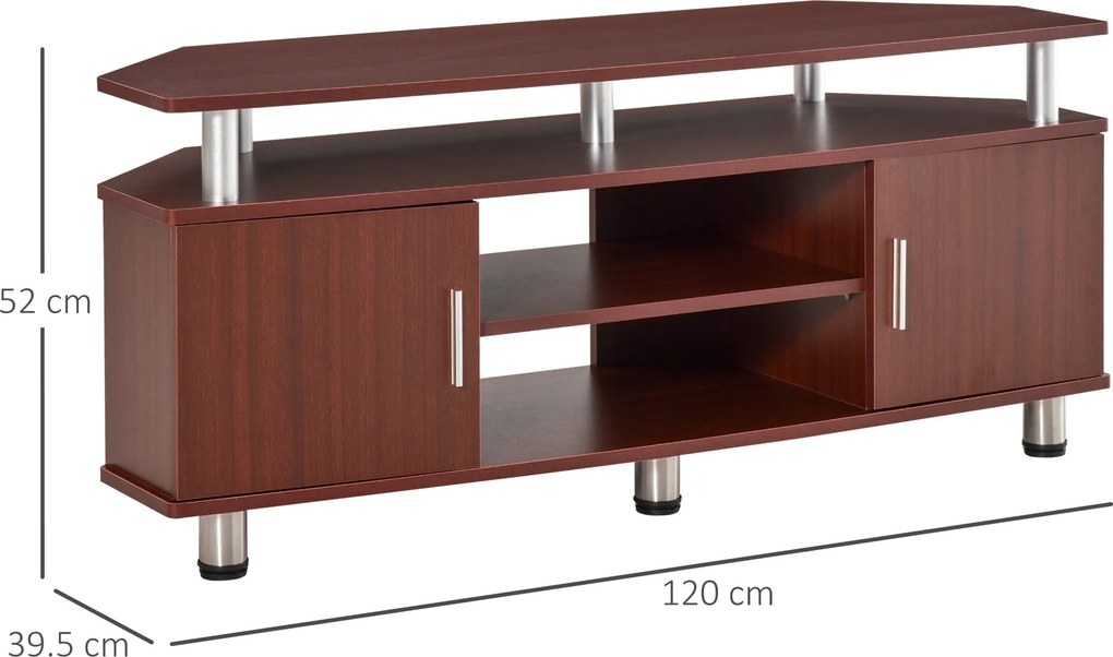 HOMCOM Klasická TV stojan do obývacího pokoje se 2 policemi a 2 skříňkami, MDF a nerezová ocel, hnědá, 120x39,5x52cm