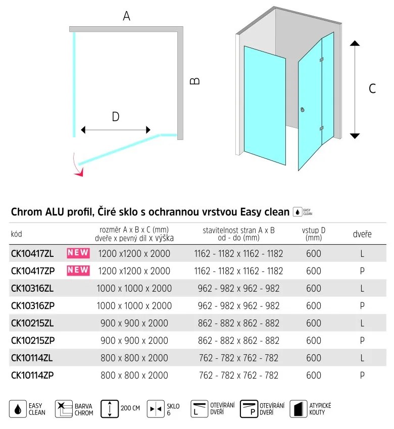 Mereo Novea sprchový kout čtverec 100 cm sklo Čiré dveře levé a pevný díl ALU chrom CK10316ZL