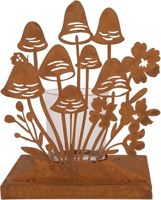 Rustikální rezavý svícen s houbičkami Mushroom Rust - 12*12*15 cm