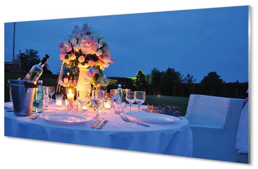 Obraz na skle Víno večeře růže tulipány 120x60 cm