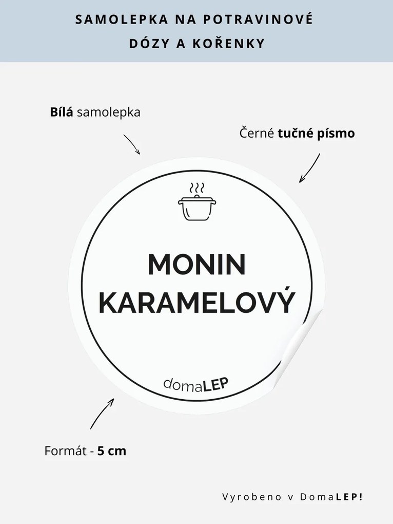 Samolepka na láhev MONIN KARAMELOVÝ průměr 5 cm – bílá vinylová, voděodolná, omyvatelná samolepka na dózy, tučné písmo