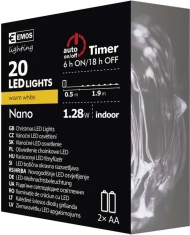 Vánoční osvětlení EMOS D3AW07 ZY1952 20LED nano řetěz měděný 1,9m 2xAA teplá bílá s časovačem