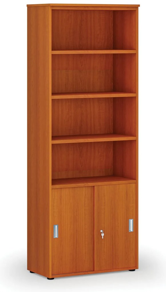 Kombinovaná kancelářská skříň PRIMO WOOD, zasouvací dveře na 2 patra, 800 x 420 x 2128 mm, třešeň