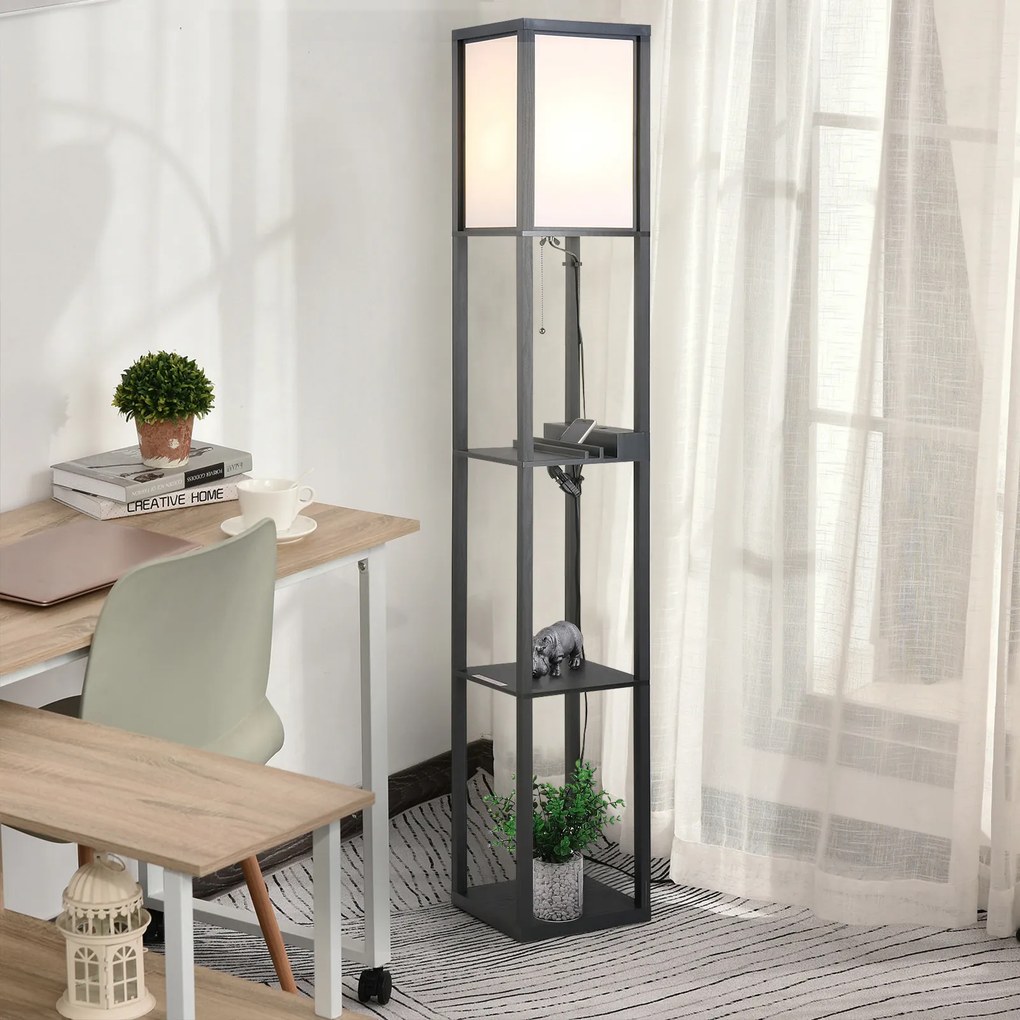 HOMCOM moderní stojací lampa, úsporná podlahová lampa s policemi z bavlny, MDF 26 x 160 cm, černá a bílá