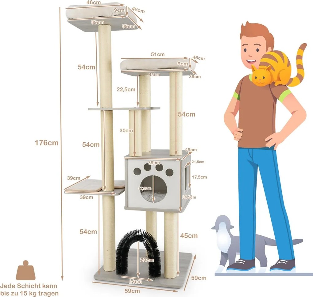 Costway 176 cm 6patrové škrabadlo s útulnými podložkami a jeskyně a cat arch