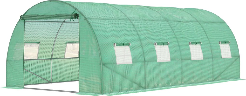 Zelený skleník Outsunny cca 6 x 3 x 2 m, fóliový skleník s 8 okny, rolovacími dveřmi a bočními panely, UV-odolný fóliový tunel, zimní skleník na rajča