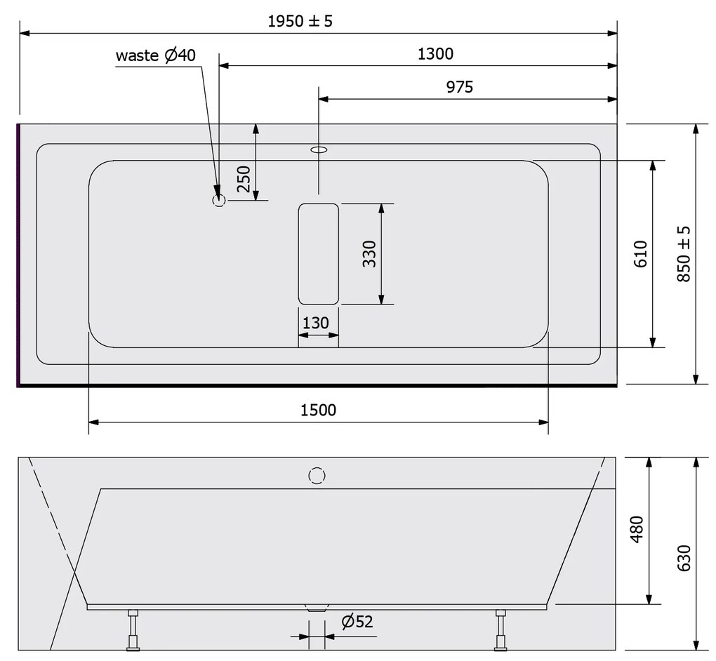 Polysan MARLENE R MONOLITH obdélníková vana 195x85x63cm, bílá, 78731MR