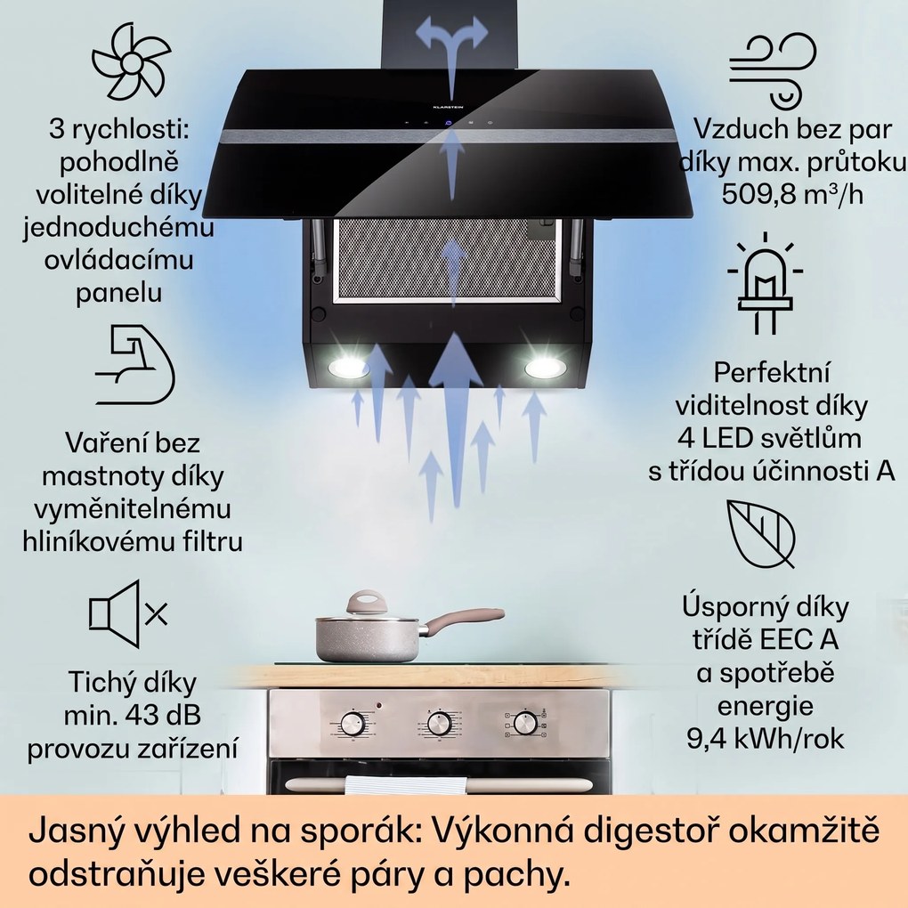 Klarstein Clara 90, digestoř, 90 cm, nástěnná, 590 m³/h, dotykový displej, LED podsvícení, bílá