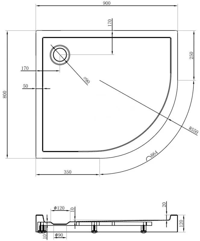 Mexen Flow+, čtvrtkruhová asymetrická sprchová vanička, levá, 90 x 80 cm, černá matná, 46Q708090LH