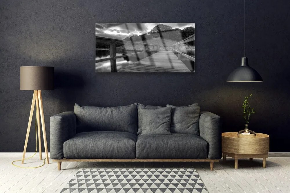 Obraz na skle Molo Černobílé Jezero 125x50 cm