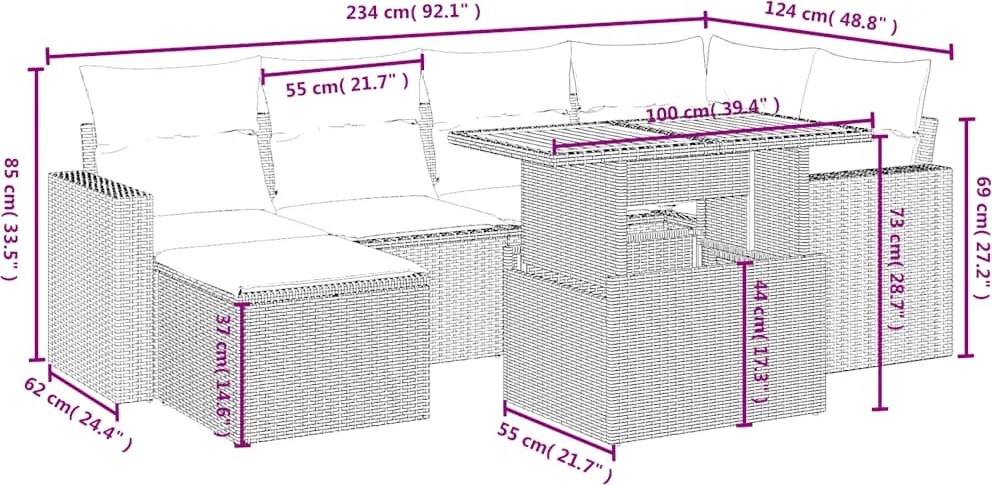 7dílná zahradní sedací souprava s poduškami černá polyratan 3275589