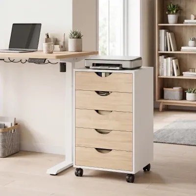 Kancelářská komoda HOMCOM na kolečkech s pěti zásuvkami, mobilní kartotéka pro pracovnu Obývací pokoj 40x40x67 cm bílá a přírodní