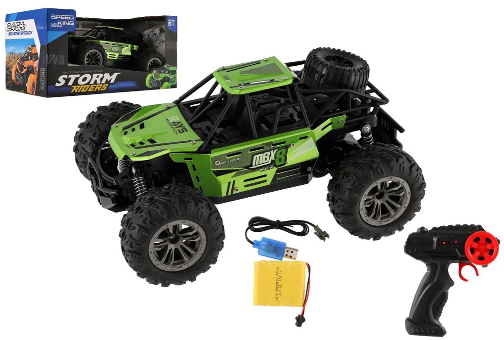 Auto RC buggy terénní zelené 22cm plast 2,4GHz na baterie + dobíjecí pack v krabici 32x16x18cm