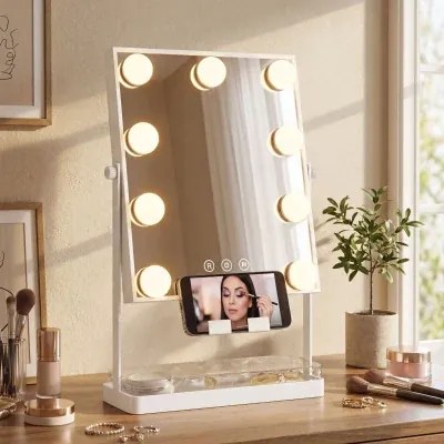 HOMCOM Hollywood make-up zrcátko s osvětlením, 9 LED lamp, 3 barvy, dotykový spínač, držák na mobil, bílé