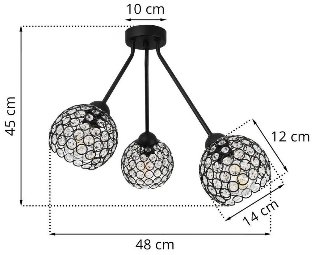 Stropní svítidlo CRYSTAL TRIO, 3x černé křišťálové stínítko