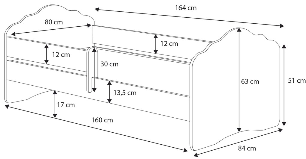 ADRK Postel CASIMO CAT, CH-Cas-Barr-Cat-160-E030, 160x80 cm se zábradlím a matrací, bílá/grafika