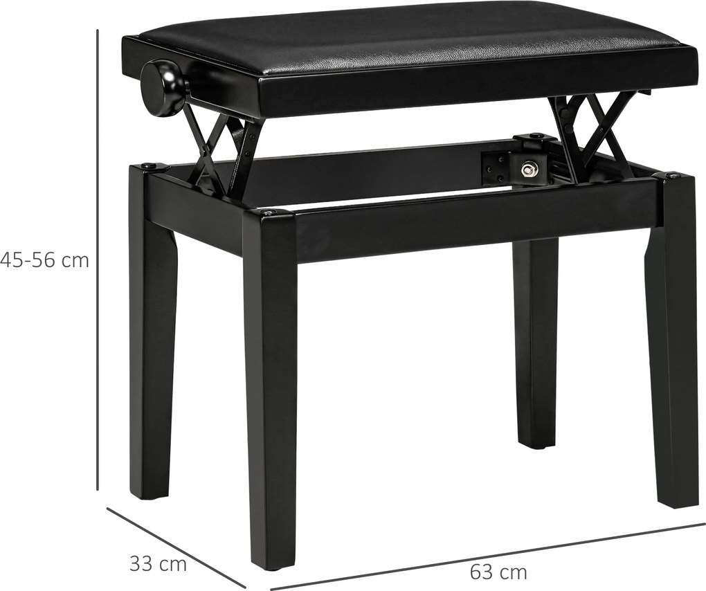 HOMCOM Klavírní stolička Výškově nastavitelná klavírní lavice s koženým polštářem, imitace kůže, gumovník, černá, 63 x 33 x 45-56 cm, ideální pro kla…