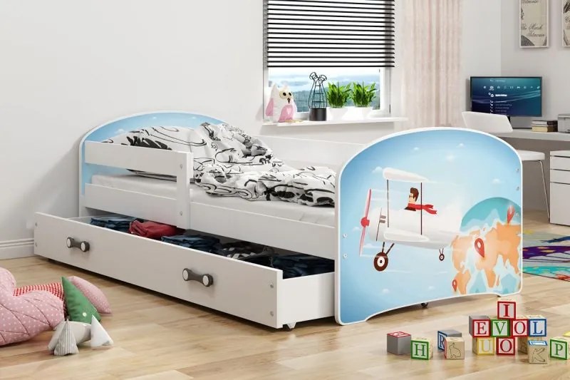 Dětská postel LUKI se šuplíkem - barva bílá - LETADLO