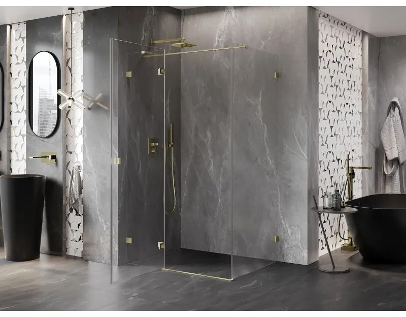 Mexen Lunar T, sklápěcí sprchový kout levý 115 x 110 cm, 8mm čiré sklo, zlatý matný profil, 834T-115-110-55-00-L