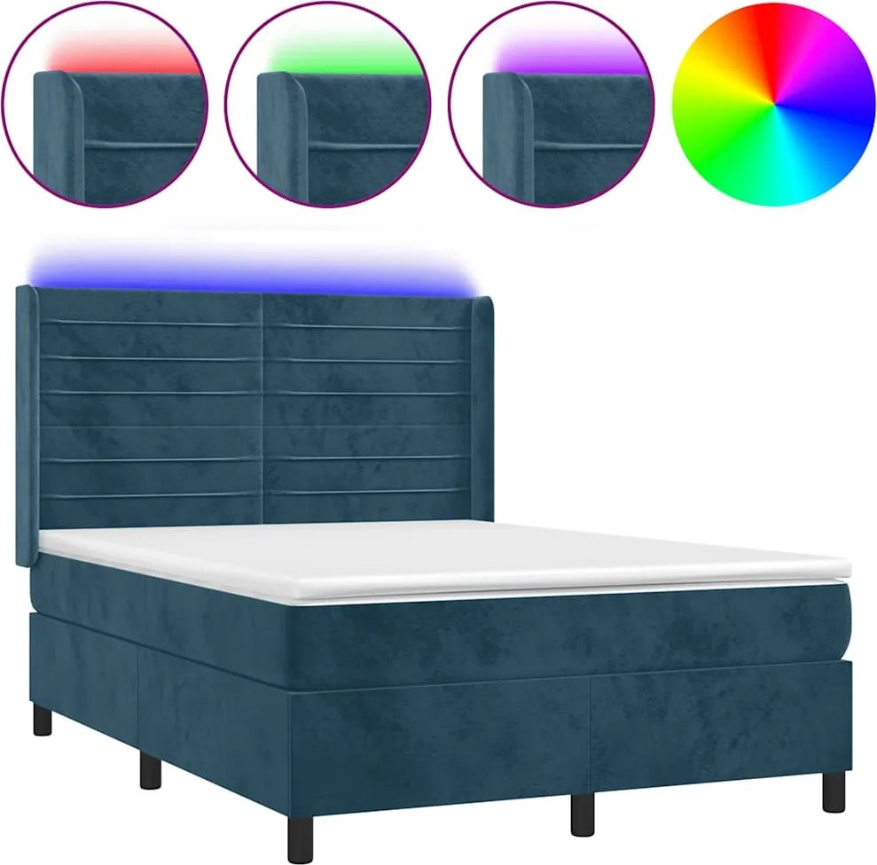 Box spring postel s matrací a LED tmavě modrá 140x200 cm samet 3139629