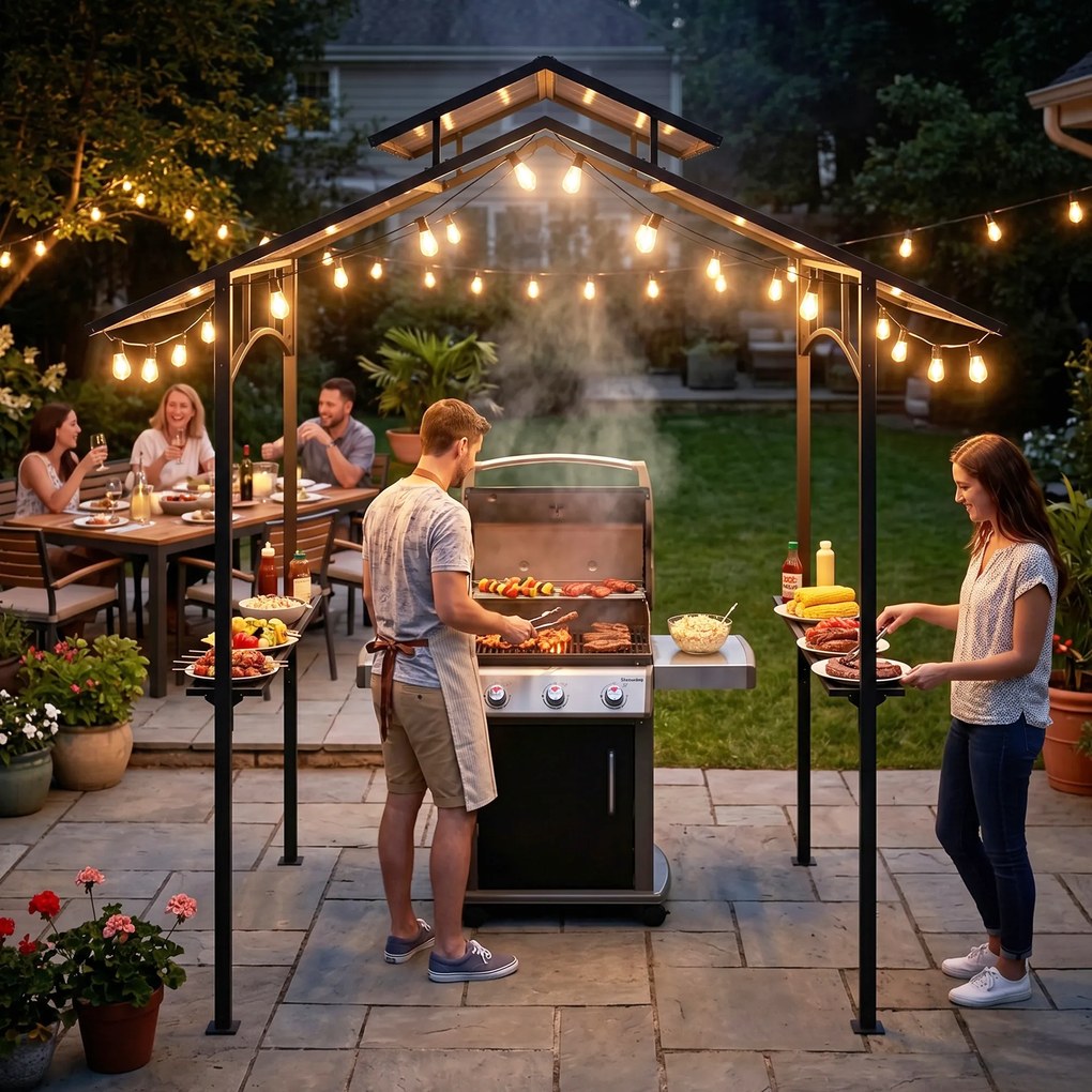 Outsunny Altánek na gril s ohnivzdornou střechou, BBQ altánek se 2 policemi, 2,5 x 1,5 m, ocelový, PC, Černá + Hnědá