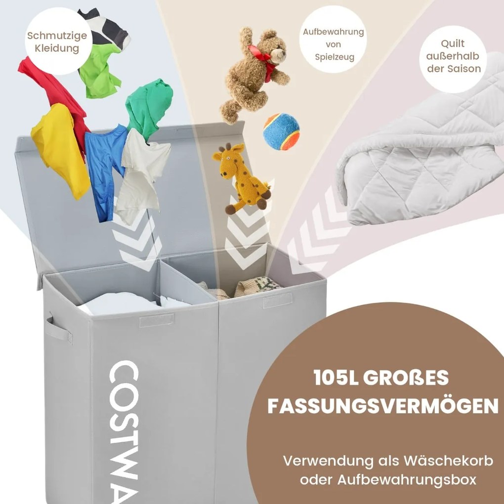 Costway 115 L 2 přihrádky koš na prádlo z netkané textilie s – 62 × 31 × 60 cm