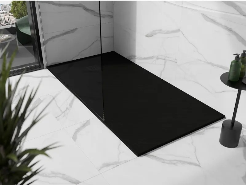 Mexen Stone+, obdélníková vanička z minerálního kompozitu 180 x 100 cm, černá, černá krytka, 44701018-B