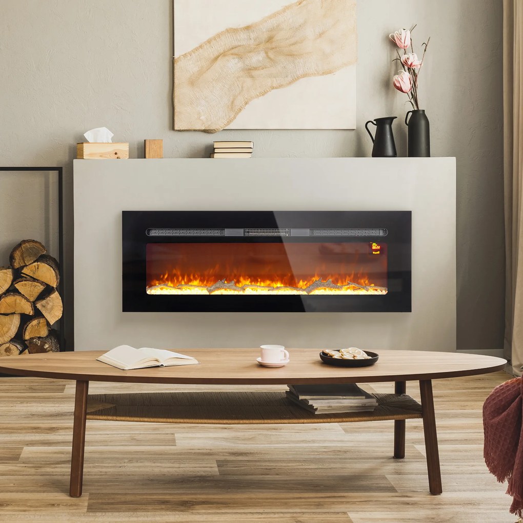 HOMCOM Elektrický krb s nástěnným držákem a dálkovým ovládáním, umělé polena a krystaly, výkon 1800W, černá 820-422V92BK