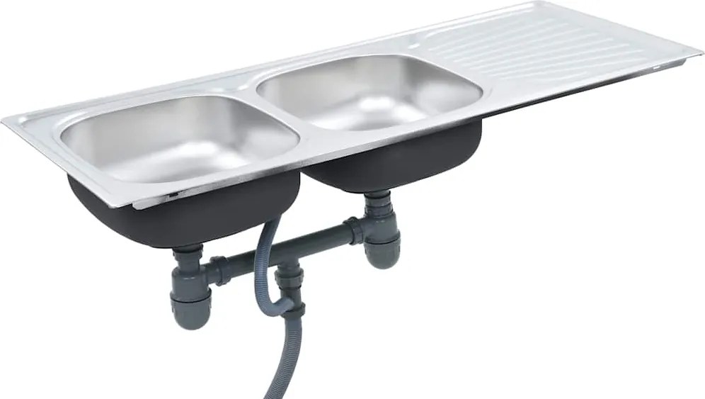 Kuchyňský dvojitý dřez se sítkem a sifonem nerezová ocel 145075