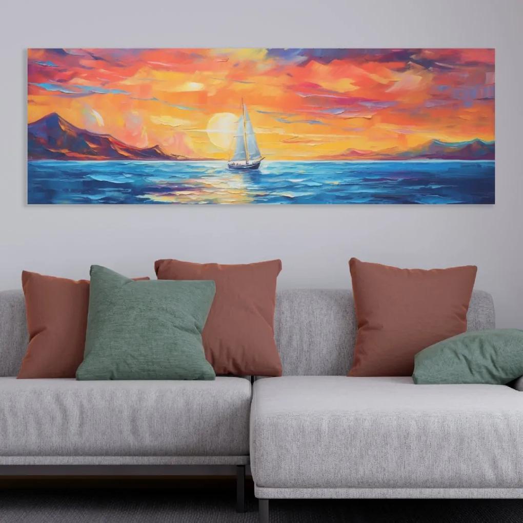 Obraz na plátně - Malá plachetnice a moře při západu slunce FeelHappy.cz Velikost obrazu: 120 x 40 cm