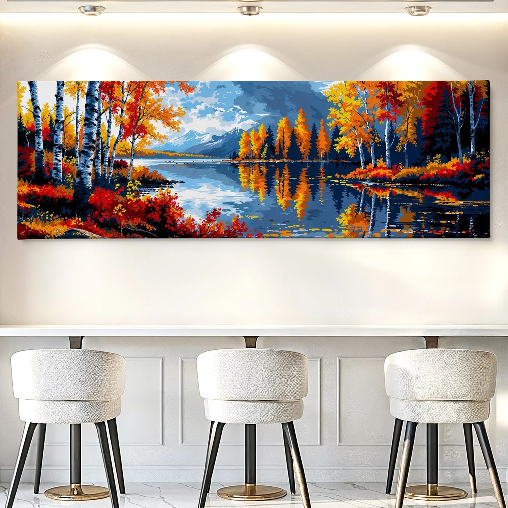 Obraz na plátně - Jezero s břízovým hájem FeelHappy.cz Velikost obrazu (šířka x výška): 240 x 80 cm